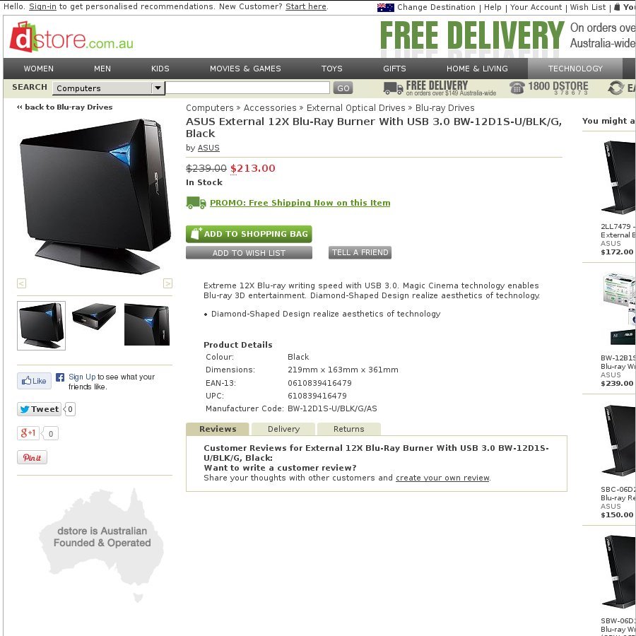 External Blu-Ray Burner Asus BW-12D1S-U, $213 with Free Shipping ...
